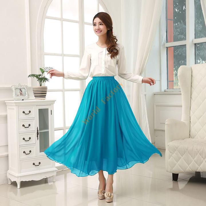 Womens Double Layer Chiffon Elastic Waist Chiffon Long Pleated Maxi